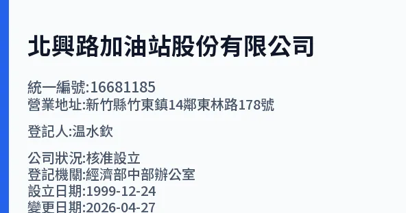 北興路加油站股份有限公司的照片-統編 16681185(新竹縣) 公司登記資料與營業項目詳細圖表