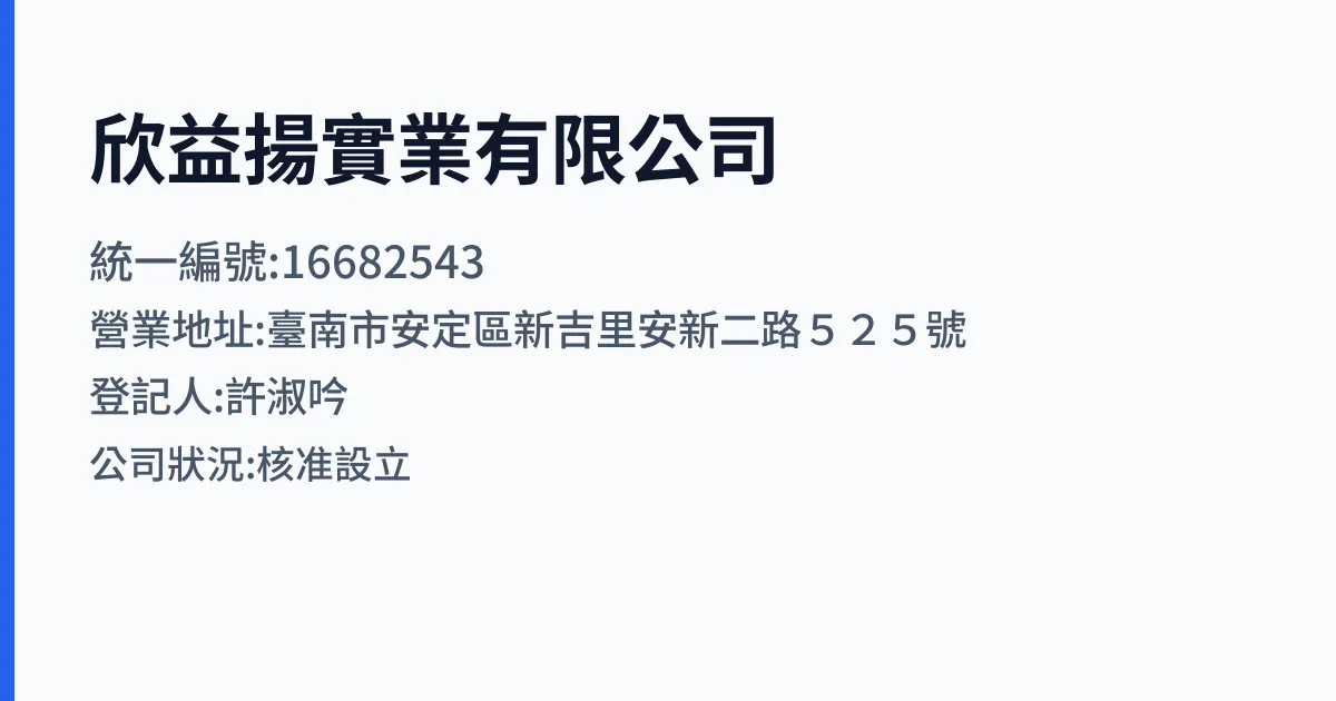 欣益揚實業有限公司 - 統編 16682543(臺南市) 公司登記資料與營業項目詳細圖表