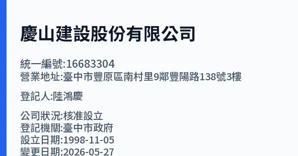 慶山建設股份有限公司的照片-統編 16683304(臺中市) 公司登記資料與營業項目詳細圖表
