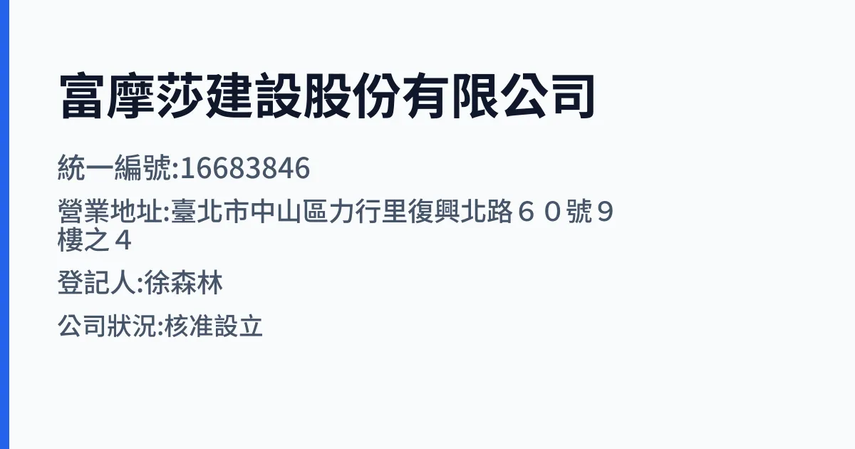 富摩莎建設股份有限公司 - 統編 16683846(臺北市) 公司登記資料與營業項目詳細圖表