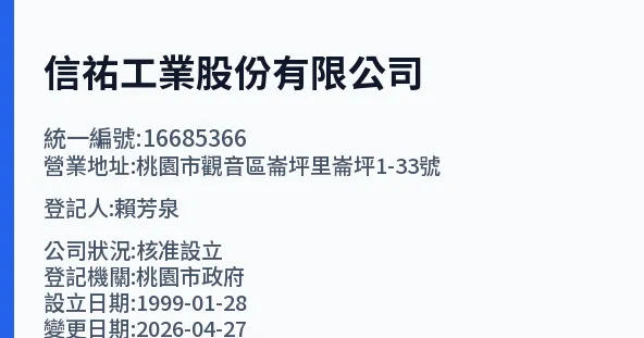 信祐工業股份有限公司的照片-統編 16685366(桃園市) 公司登記資料與營業項目詳細圖表
