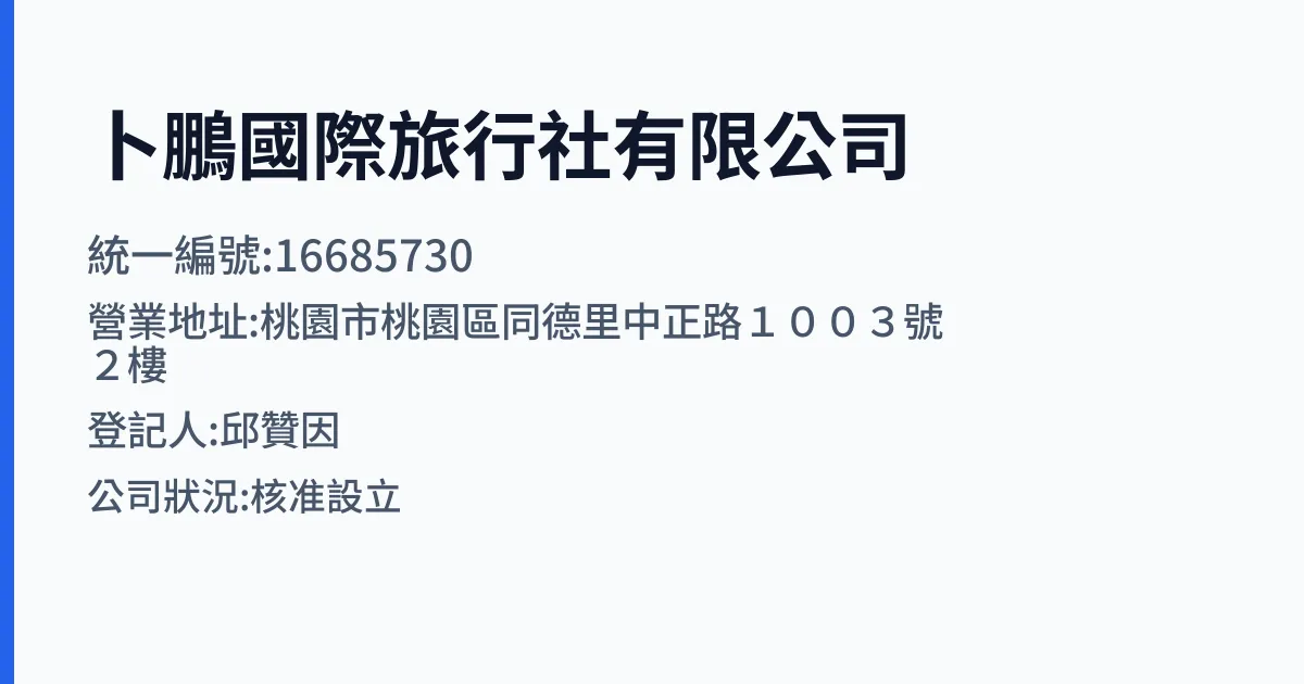 卜鵬國際旅行社有限公司 - 統編 16685730(桃園市) 公司登記資料與營業項目詳細圖表