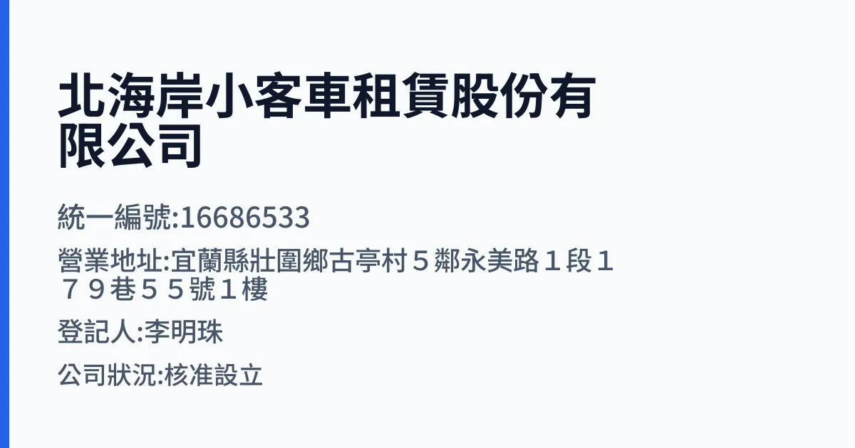 北海岸小客車租賃股份有限公司 - 統編 16686533(宜蘭縣) 公司登記資料與營業項目詳細圖表
