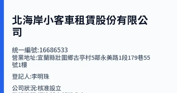 北海岸小客車租賃股份有限公司的照片-統編 16686533(宜蘭縣) 公司登記資料與營業項目詳細圖表