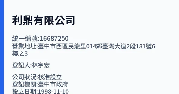 利鼎有限公司的照片-統編 16687250(臺中市) 公司登記資料與營業項目詳細圖表