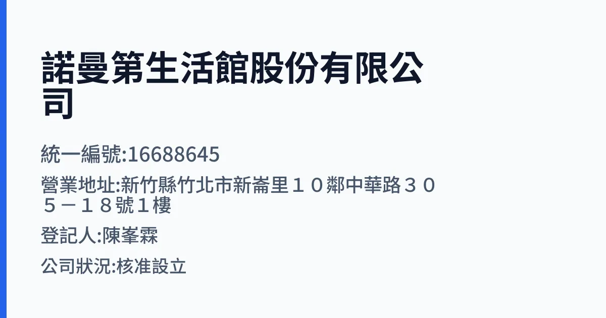 諾曼第生活館股份有限公司 - 統編 16688645(新竹縣) 公司登記資料與營業項目詳細圖表