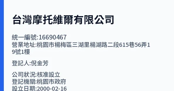 台灣摩托維爾有限公司的照片-統編 16690467(桃園市) 公司登記資料與營業項目詳細圖表