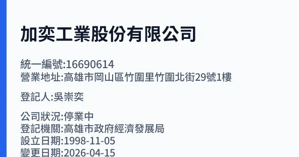 加奕工業股份有限公司的照片-統編 16690614(高雄市) 公司登記資料與營業項目詳細圖表