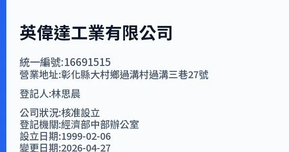 英偉達工業有限公司的照片-統編 16691515(彰化縣) 公司登記資料與營業項目詳細圖表