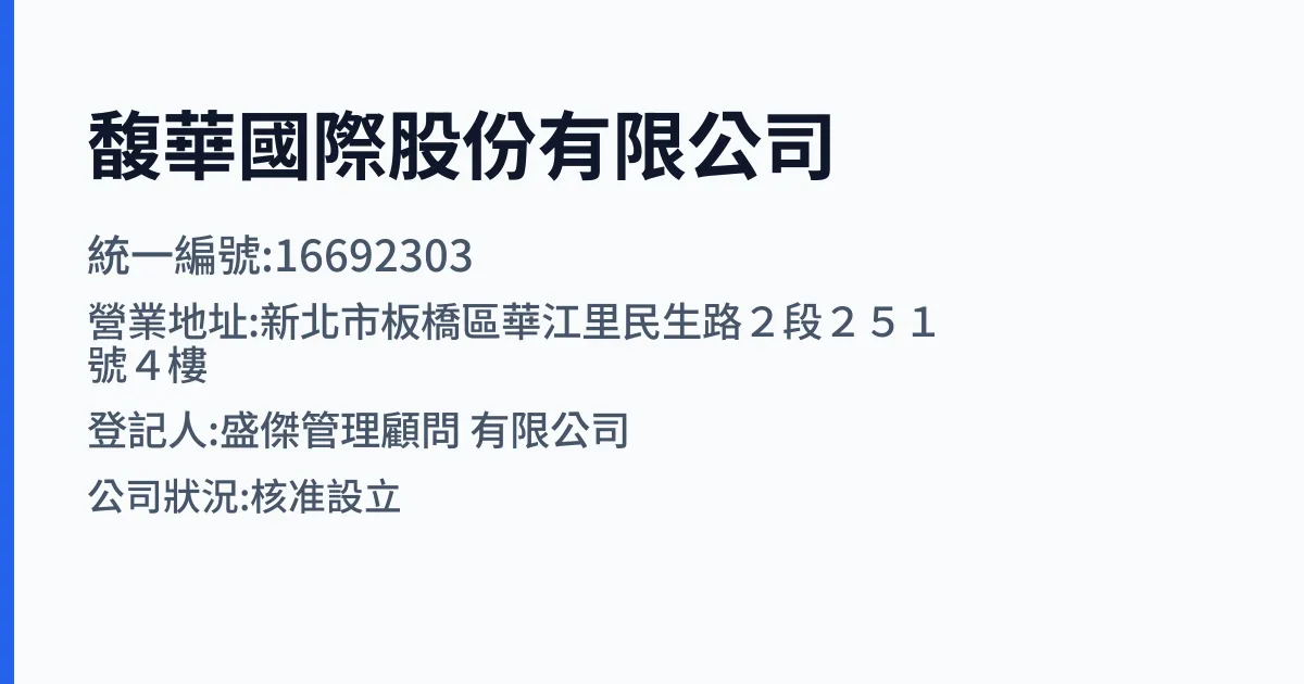 馥華國際股份有限公司 - 統編 16692303(新北市) 公司登記資料與營業項目詳細圖表