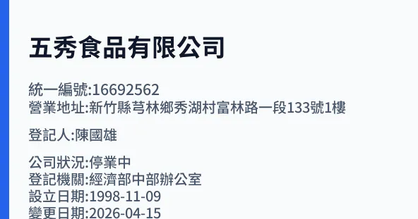 五秀食品有限公司的照片-統編 16692562(新竹縣) 公司登記資料與營業項目詳細圖表
