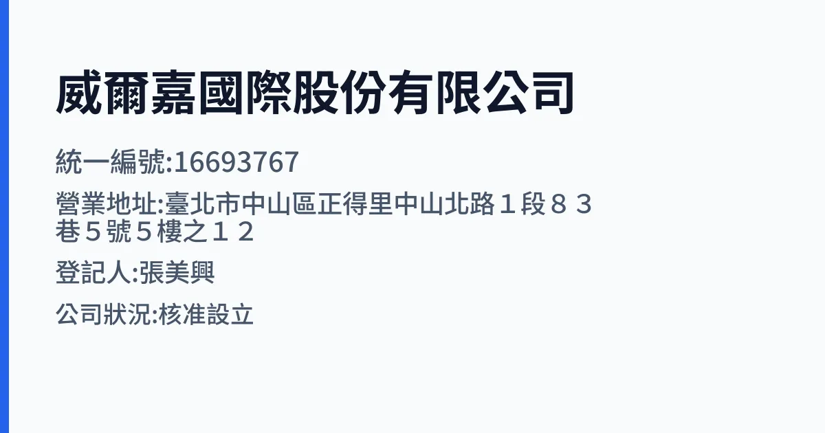 威爾嘉國際股份有限公司 - 統編 16693767(臺北市) 公司登記資料與營業項目詳細圖表