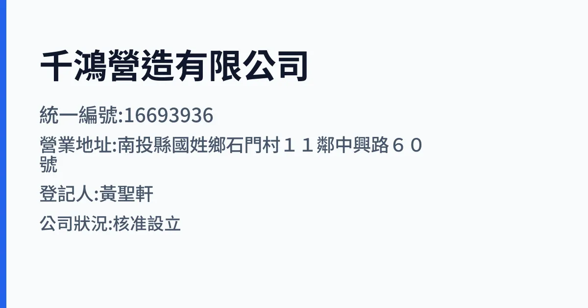 千鴻營造有限公司 - 統編 16693936(南投縣) 公司登記資料與營業項目詳細圖表