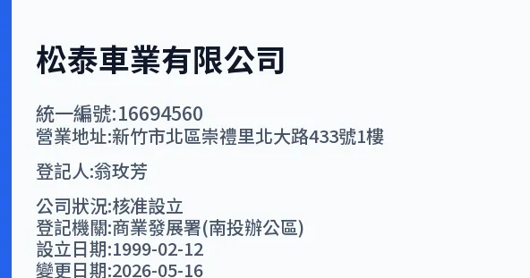 松泰車業有限公司的照片-統編 16694560(新竹市) 公司登記資料與營業項目詳細圖表
