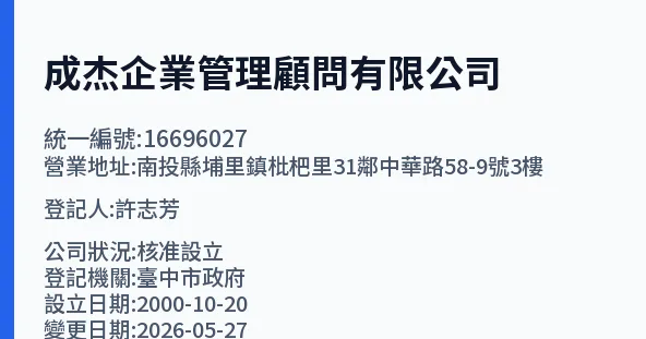 成杰企業管理顧問有限公司的照片-統編 16696027(南投縣) 公司登記資料與營業項目詳細圖表