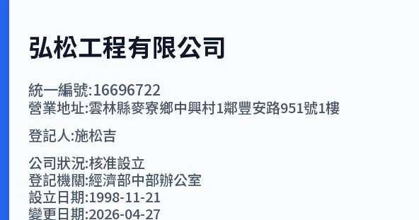 弘松工程有限公司的照片-統編 16696722(雲林縣) 公司登記資料與營業項目詳細圖表