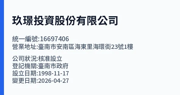 玖璟投資股份有限公司的照片-統編 16697406(臺南市) 公司登記資料與營業項目詳細圖表