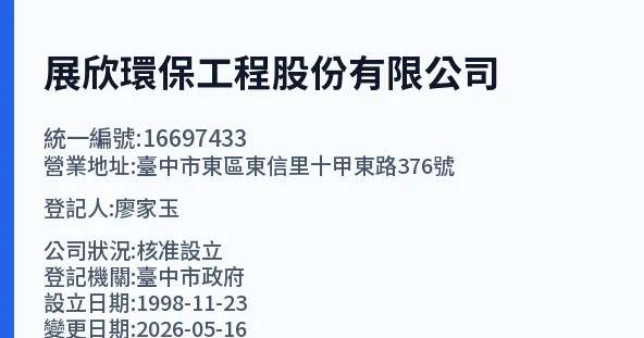展欣環保工程股份有限公司的照片-統編 16697433(臺中市) 公司登記資料與營業項目詳細圖表