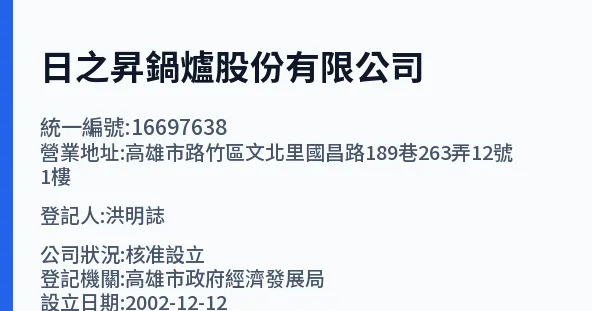 日之昇鍋爐股份有限公司的照片-統編 16697638(高雄市) 公司登記資料與營業項目詳細圖表
