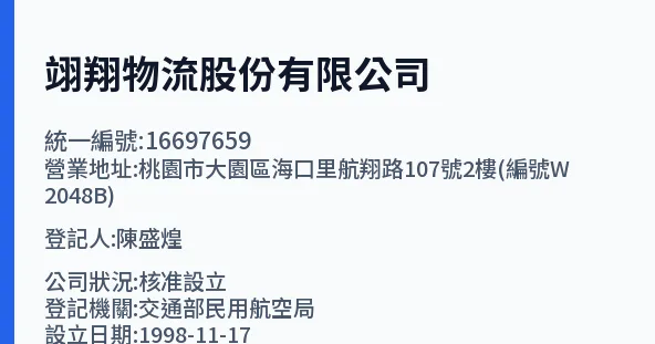 翊翔物流股份有限公司的照片-統編 16697659(桃園市) 公司登記資料與營業項目詳細圖表