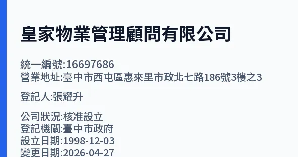 皇家物業管理顧問有限公司的照片-統編 16697686(臺中市) 公司登記資料與營業項目詳細圖表
