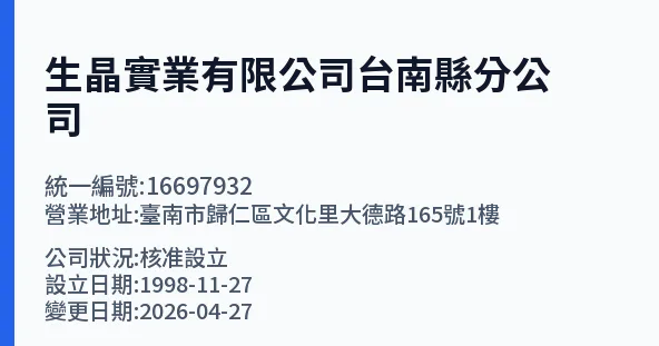 生晶實業有限公司台南縣分公司的照片-統編 16697932(臺南市) 公司登記資料與營業項目詳細圖表