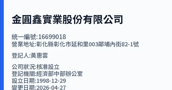 金圓鑫實業股份有限公司的照片-統編 16699018(彰化縣) 公司登記資料與營業項目詳細圖表