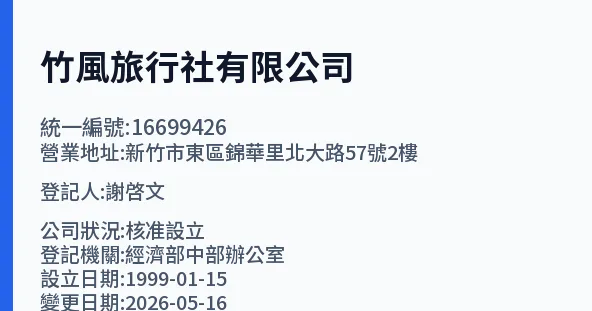 竹風旅行社有限公司的照片-統編 16699426(新竹市) 公司登記資料與營業項目詳細圖表