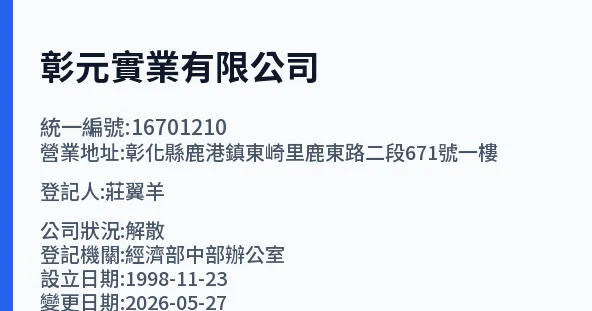 彰元實業有限公司的照片-統編 16701210(彰化縣) 公司登記資料與營業項目詳細圖表