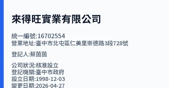 來得旺實業有限公司的照片-統編 16702554(臺中市) 公司登記資料與營業項目詳細圖表