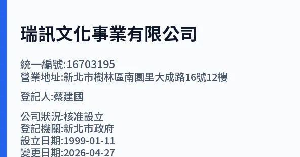瑞訊文化事業有限公司的照片-統編 16703195(新北市) 公司登記資料與營業項目詳細圖表