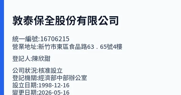敦泰保全股份有限公司的照片-統編 16706215(新竹市) 公司登記資料與營業項目詳細圖表