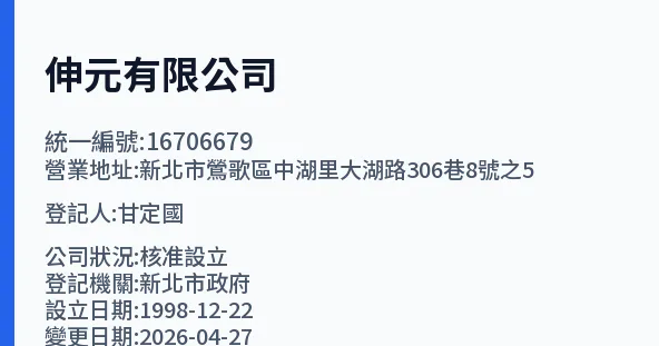 伸元有限公司的照片-統編 16706679(新北市) 公司登記資料與營業項目詳細圖表
