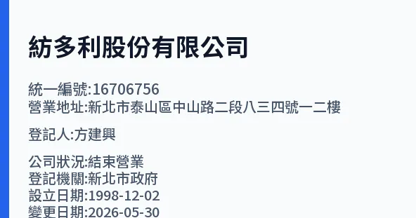 紡多利股份有限公司的照片-統編 16706756(新北市) 公司登記資料與營業項目詳細圖表