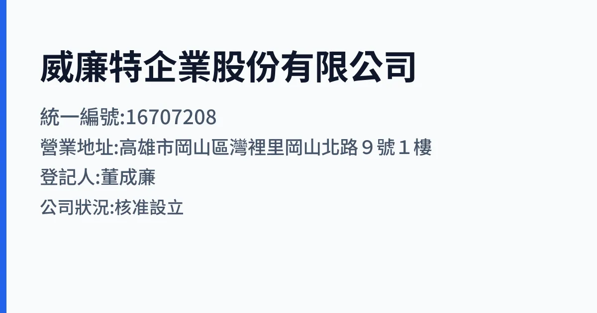 威廉特企業股份有限公司 - 統編 16707208(高雄市) 公司登記資料與營業項目詳細圖表
