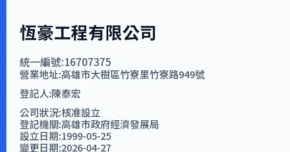 恆豪工程有限公司的照片-統編 16707375(高雄市) 公司登記資料與營業項目詳細圖表