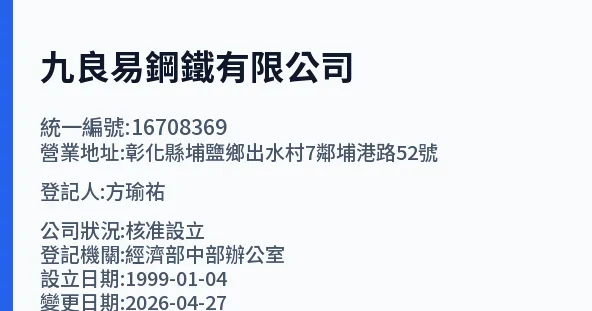 九良易鋼鐵有限公司的照片-統編 16708369(彰化縣) 公司登記資料與營業項目詳細圖表