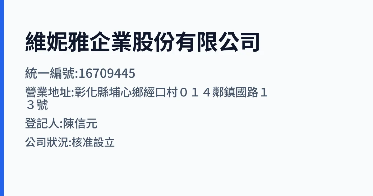 維妮雅企業股份有限公司 - 統編 16709445(彰化縣) 公司登記資料與營業項目詳細圖表