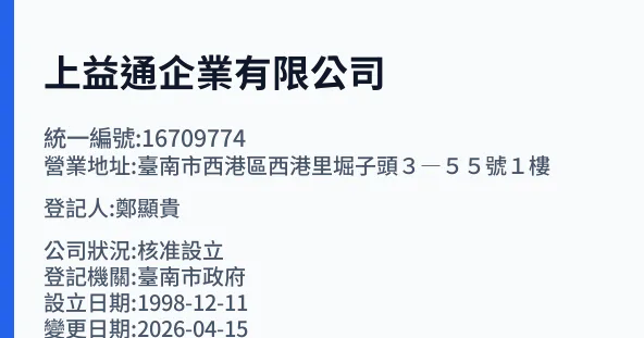 上益通企業有限公司的照片-統編 16709774(臺南市) 公司登記資料與營業項目詳細圖表
