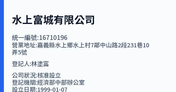 水上富城有限公司的照片-統編 16710196(嘉義縣) 公司登記資料與營業項目詳細圖表