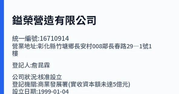鎰榮營造有限公司的照片-統編 16710914(彰化縣) 公司登記資料與營業項目詳細圖表