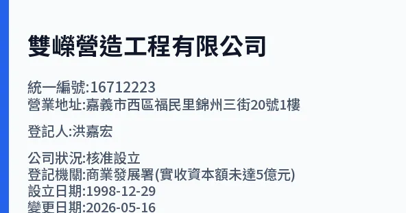 雙嶸營造工程有限公司的照片-統編 16712223(嘉義市) 公司登記資料與營業項目詳細圖表