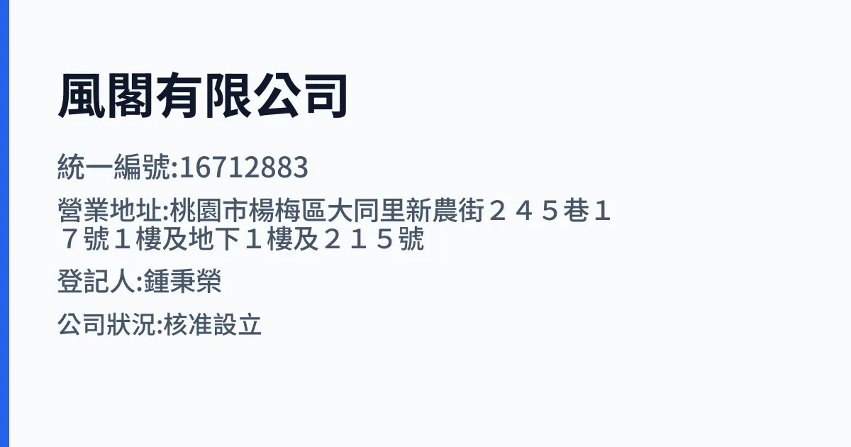 風閣有限公司 - 統編 16712883(桃園市) 公司登記資料與營業項目詳細圖表