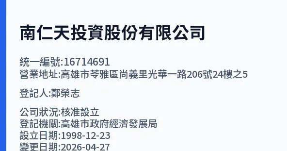 南仁天投資股份有限公司的照片-統編 16714691(高雄市) 公司登記資料與營業項目詳細圖表