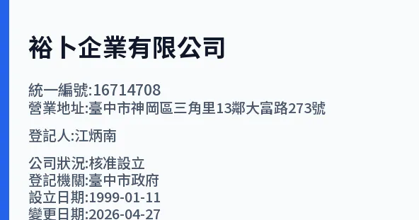 裕卜企業有限公司的照片-統編 16714708(臺中市) 公司登記資料與營業項目詳細圖表