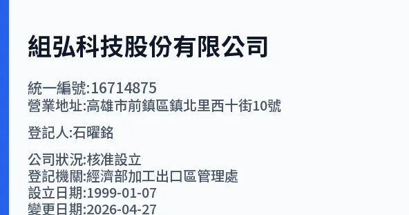 組弘科技股份有限公司的照片-統編 16714875(高雄市) 公司登記資料與營業項目詳細圖表