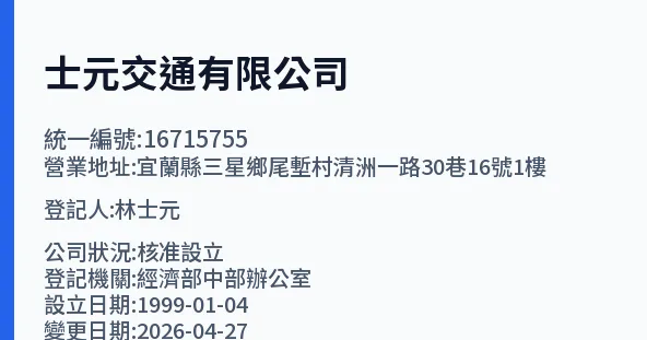 士元交通有限公司的照片-統編 16715755(宜蘭縣) 公司登記資料與營業項目詳細圖表