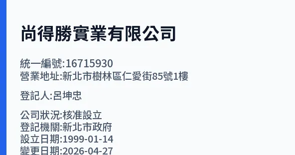尚得勝實業有限公司的照片-統編 16715930(新北市) 公司登記資料與營業項目詳細圖表