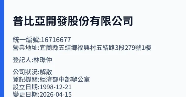 普比亞開發股份有限公司的照片-統編 16716677(宜蘭縣) 公司登記資料與營業項目詳細圖表