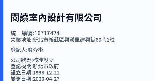 閱讀室內設計有限公司的照片-統編 16717424(新北市) 公司登記資料與營業項目詳細圖表